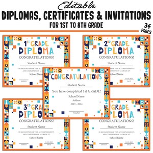 Editable Diplomas for 3rd Grade, Certificates for 1st-8th Grade, and ...