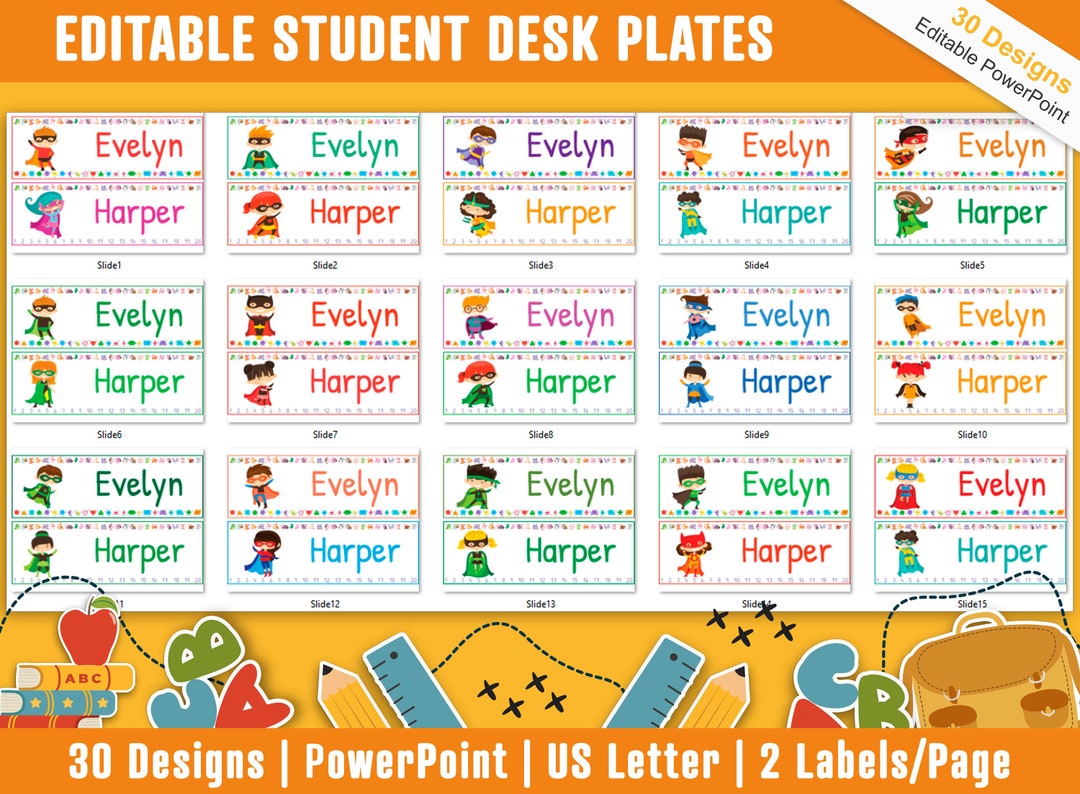 Student Desk Plates, 30 Printable/editable Kids Superheroes Classroom ...