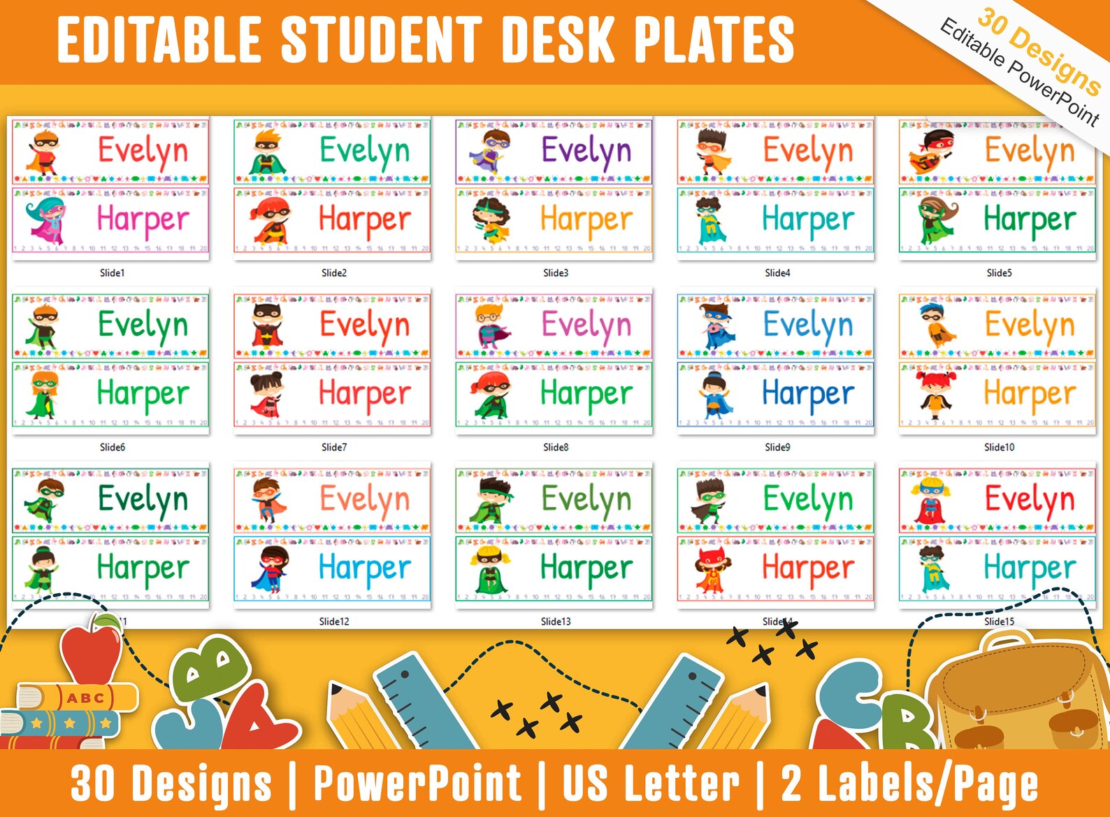 Student Desk Plates, 30 Printable/editable Kids Superheroes Classroom ...