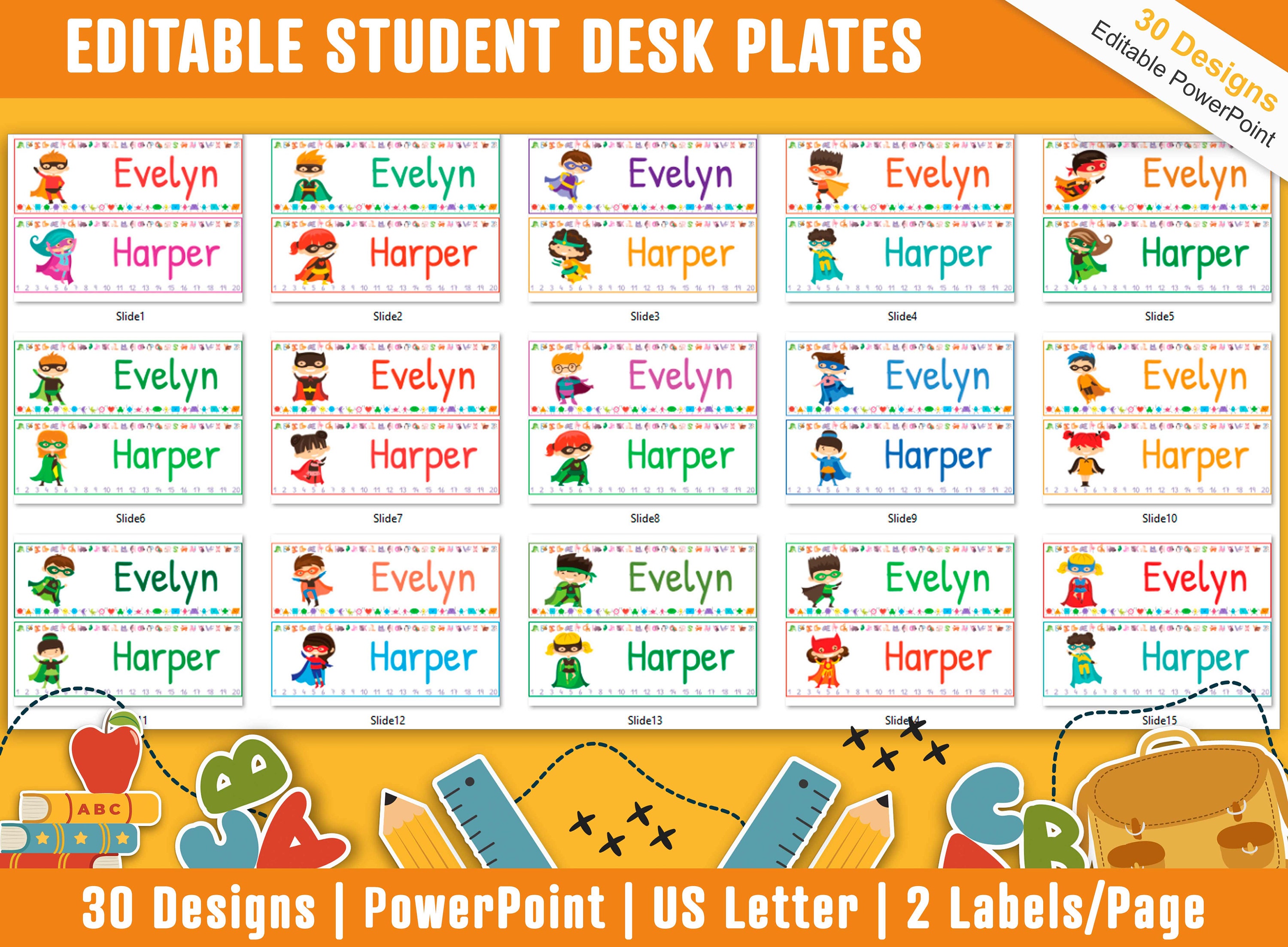 Student Desk Plates, 30 Printable/editable Kids Superheroes Classroom ...