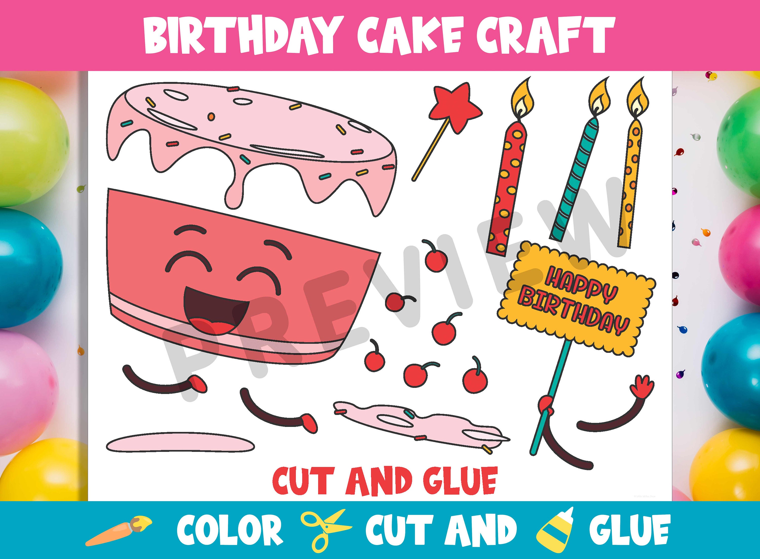 Birthday Cake Craft Activity Color, Cut, and Glue for Prek to 6th Grade ...