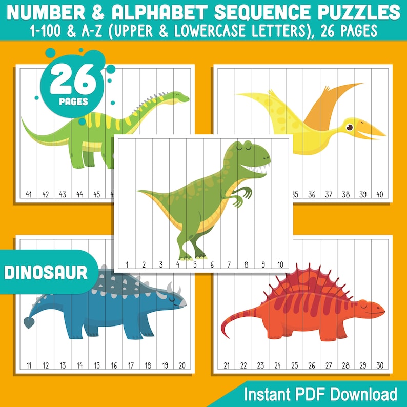Dinosaur Number and Alphabet Stripe Puzzles: 1-100 and A-Z Printable ...