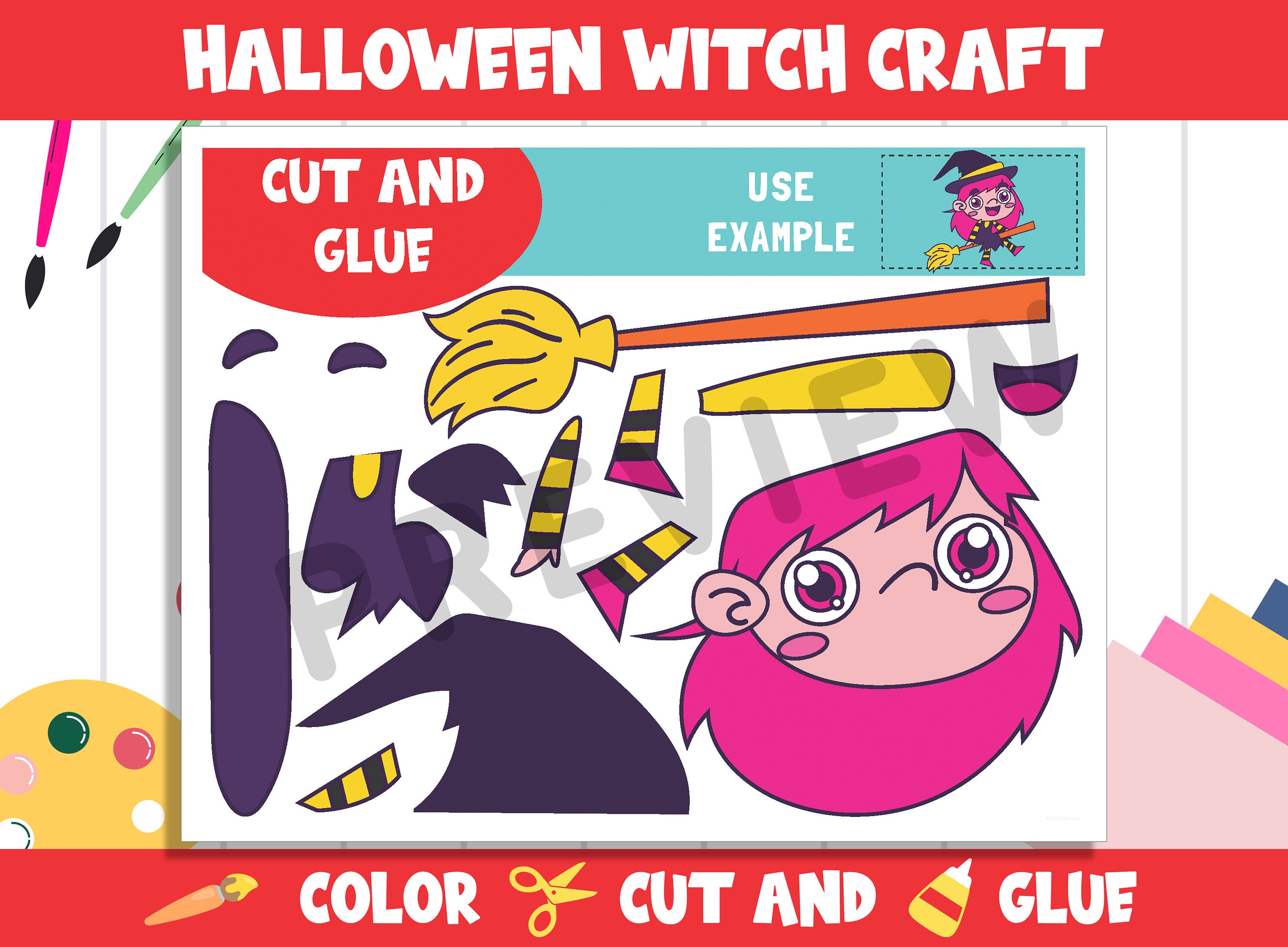 Cute Halloween Witch Craft Activity Color, Cut, and Glue for Prek to ...