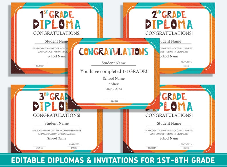Editable 8th Grade Diploma, 1st to 8th Grade Diploma, Certificate of ...