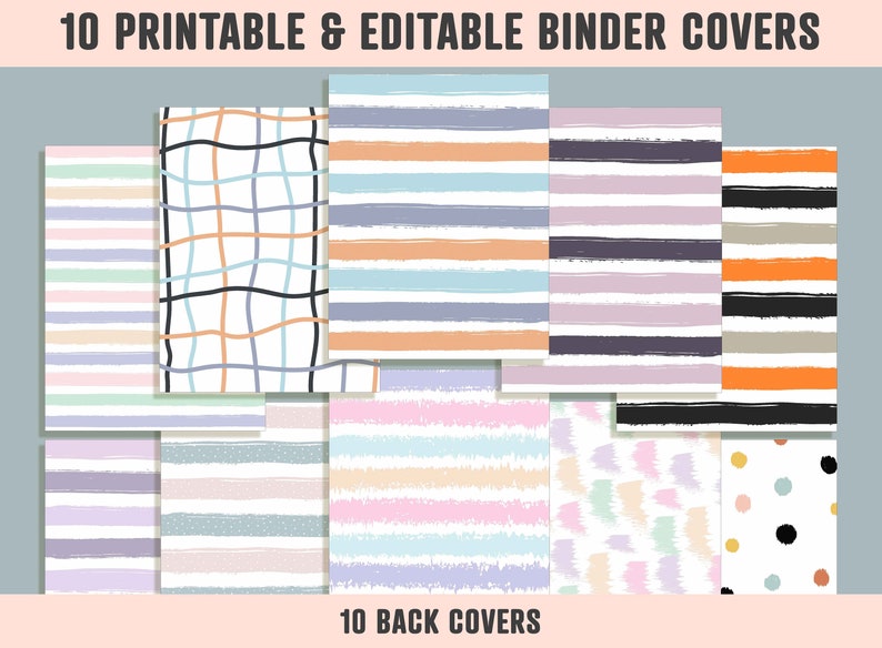 Hand Drawn Striped Pattern Binder Cover, 10 Printable & Editable Binder ...