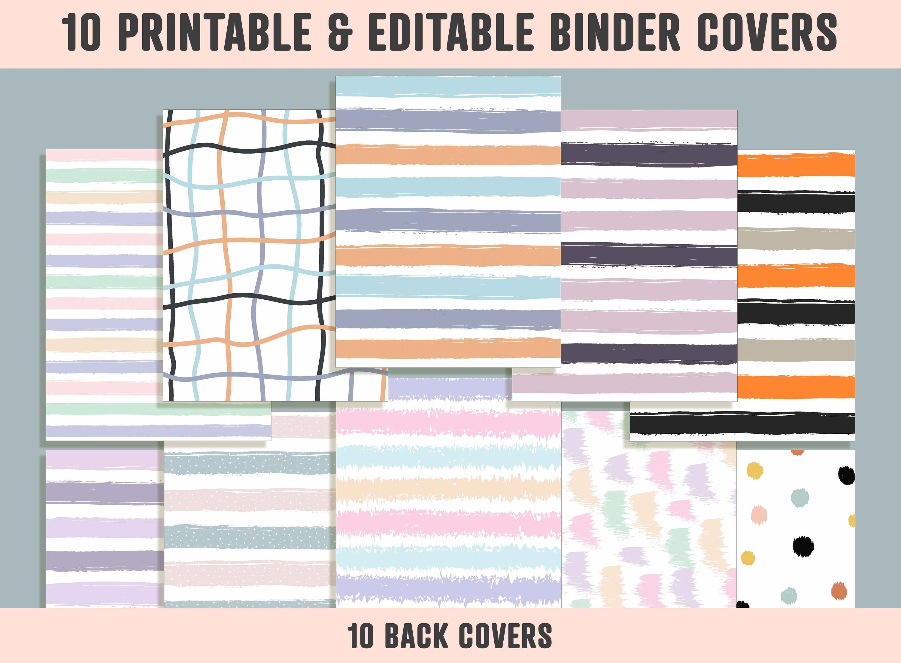 Hand Drawn Striped Pattern Binder Cover, 10 Printable & Editable Binder ...
