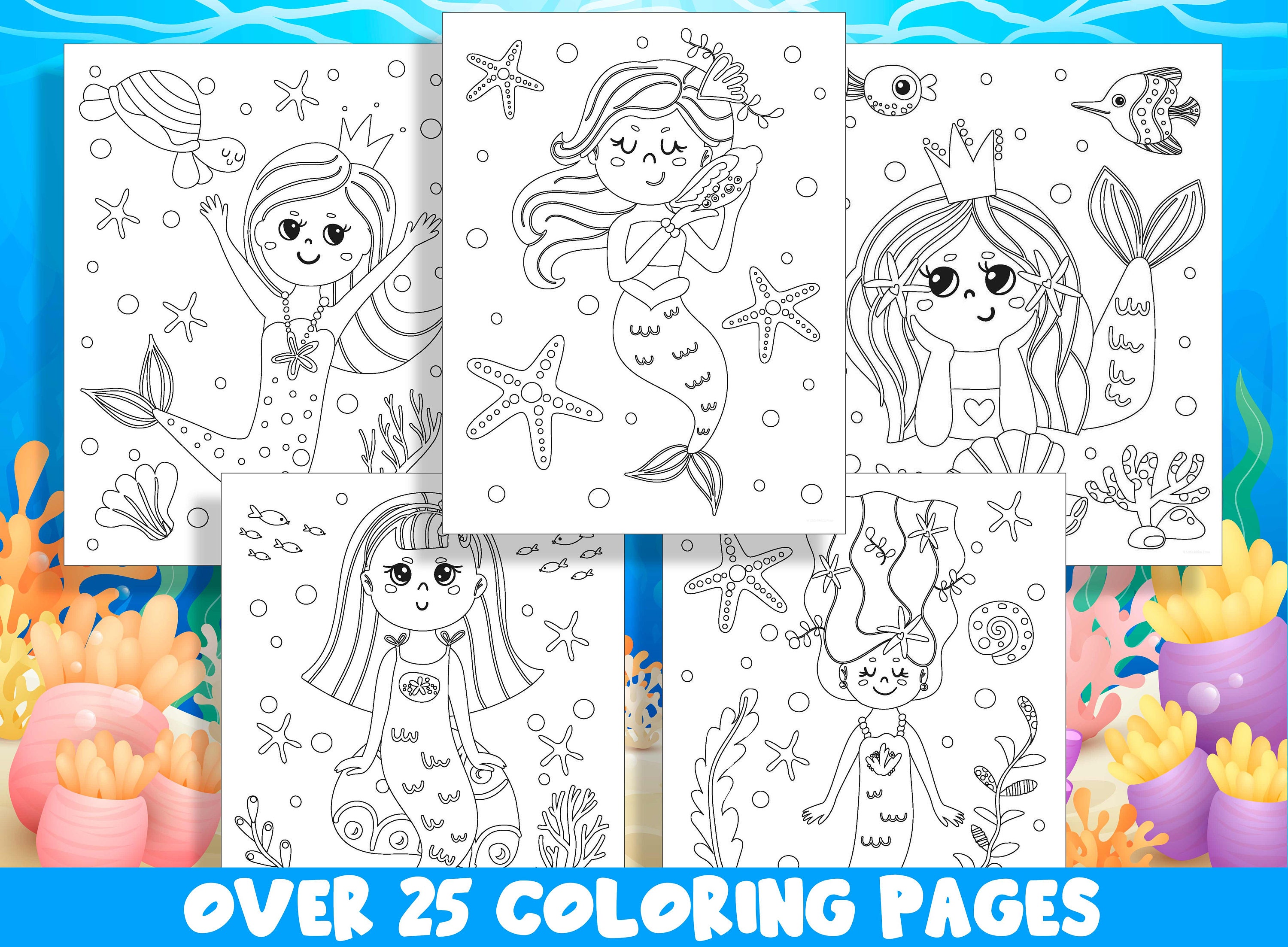 Mermaid Coloring Book, 25 Printable Beautiful Mermaid Coloring Pages ...