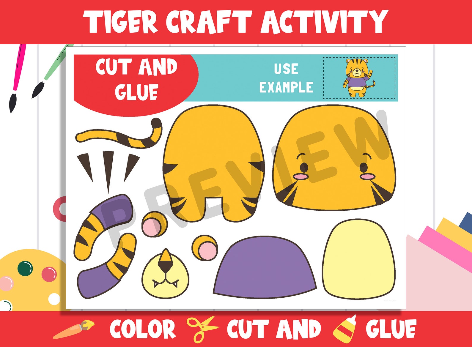 Cute Tiger Craft Activity Color, Cut, and Glue for Prek to 2nd Grade ...