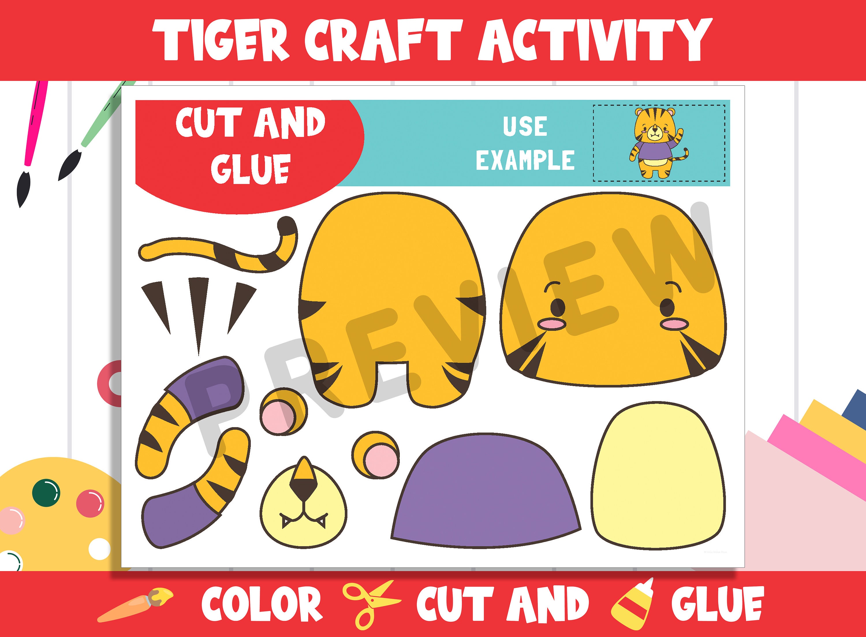 Cute Tiger Craft Activity Color, Cut, and Glue for Prek to 2nd Grade ...