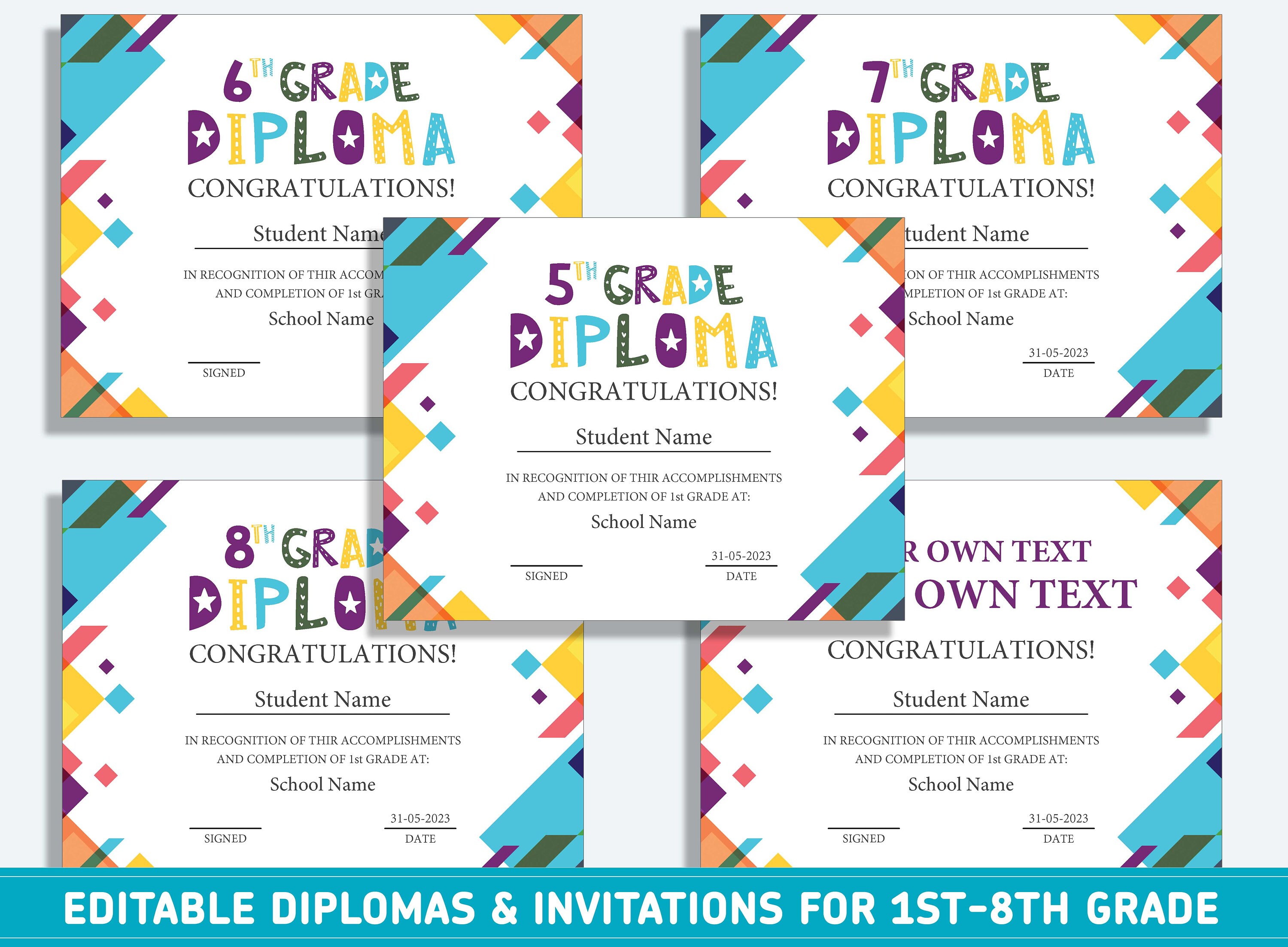 Editable 3rd Grade Diploma, 1st to 8th Grade Diploma, Certificate of ...