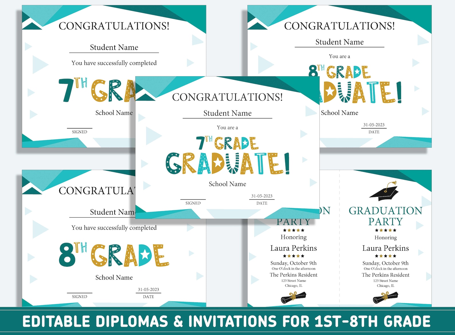 Editable 7th Grade Graduation, 1st to 8th Grade Diploma, Certificate of ...