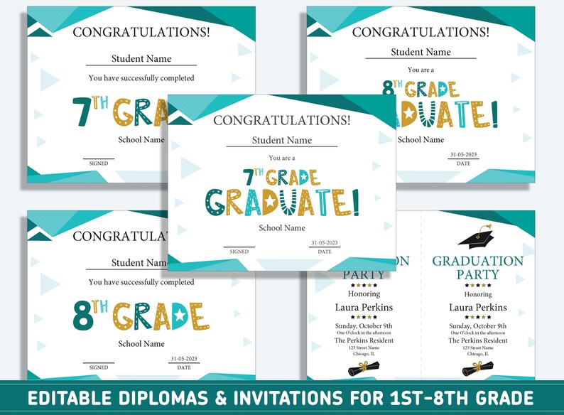 Editable 7th Grade Graduation, 1st to 8th Grade Diploma, Certificate of ...