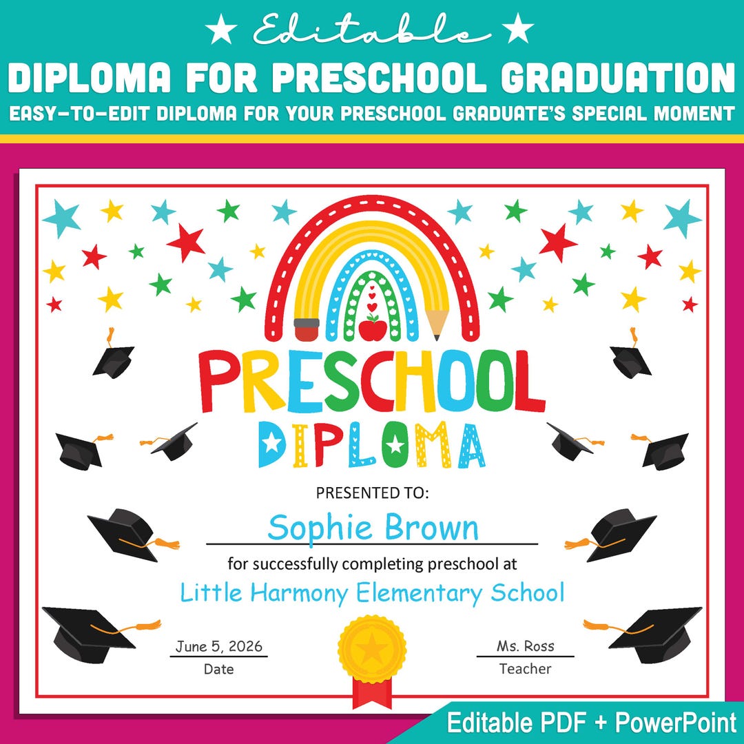 Editable Preschool Diploma Graduation Certificate Template: Letter Size ...