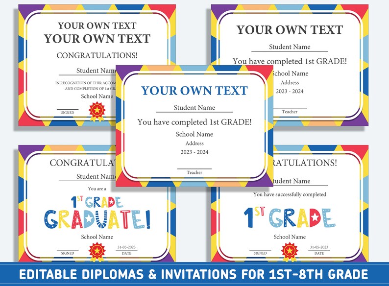 Editable 5th Grade Graduation 1st to 8th Grade Diploma - Etsy