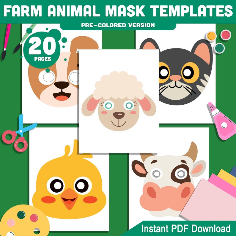 Printable Farm Animal Mask Templates: 20 Fun DIY Craft Pages for Kids ...
