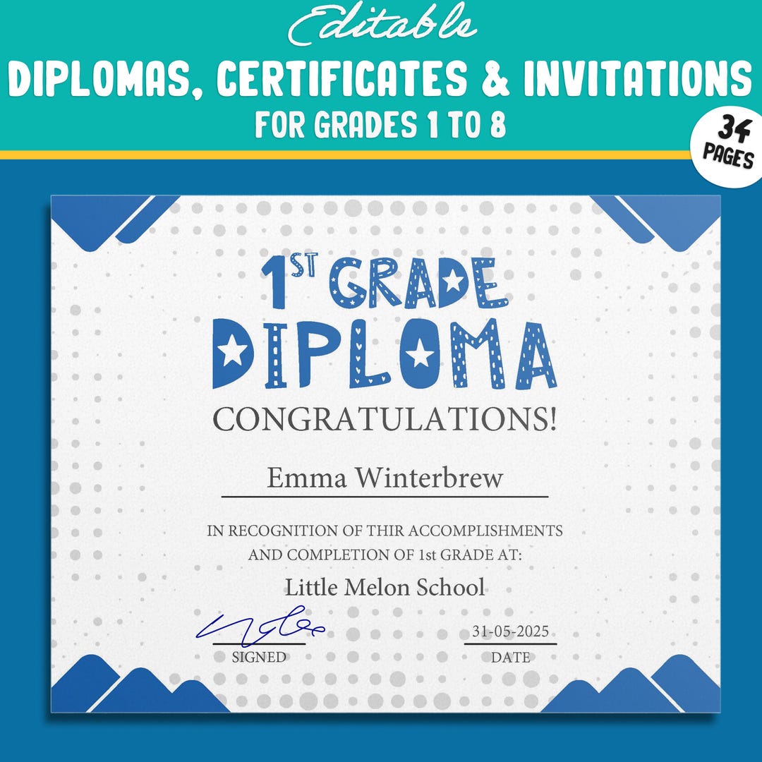 34 First Grade Achievement Diplomas, 1st-8th Grade Certificates, and ...