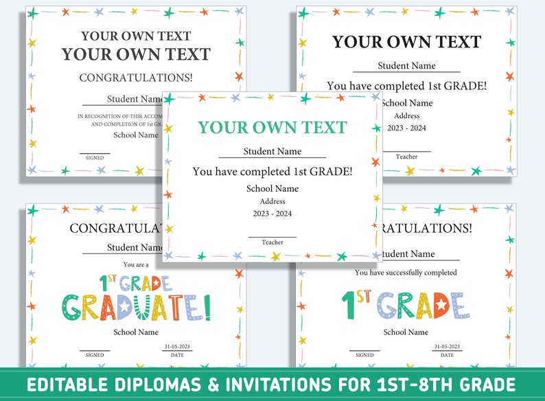 Editable 2nd Grade Awards, 1st to 8th Grade Diploma, Certificate of ...