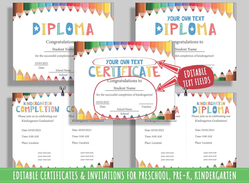 Customizable Children's Diploma, Certificate, and Invitation Set: 37 ...