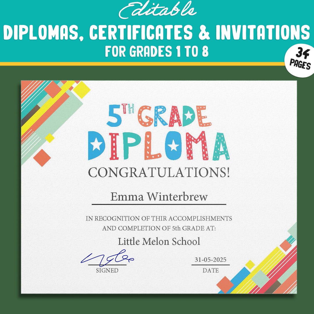 Editable Diplomas for 5th Grade, Certificates for 1st-8th Grade ...