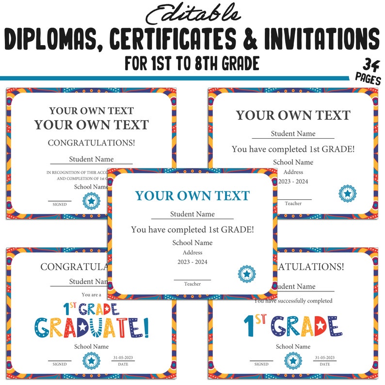 Editable 7th Grade Diplomas, 1st-8th Grade Certificates, and Invitation ...
