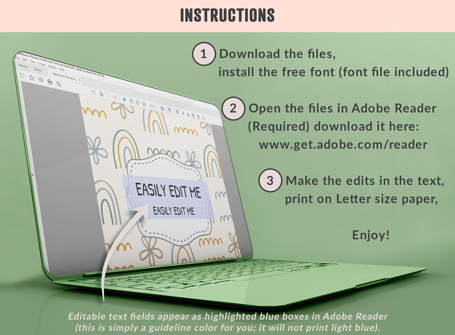 Rainbows Flowers Abstract Geometric Binder Cover, 10 Printable/editable ...