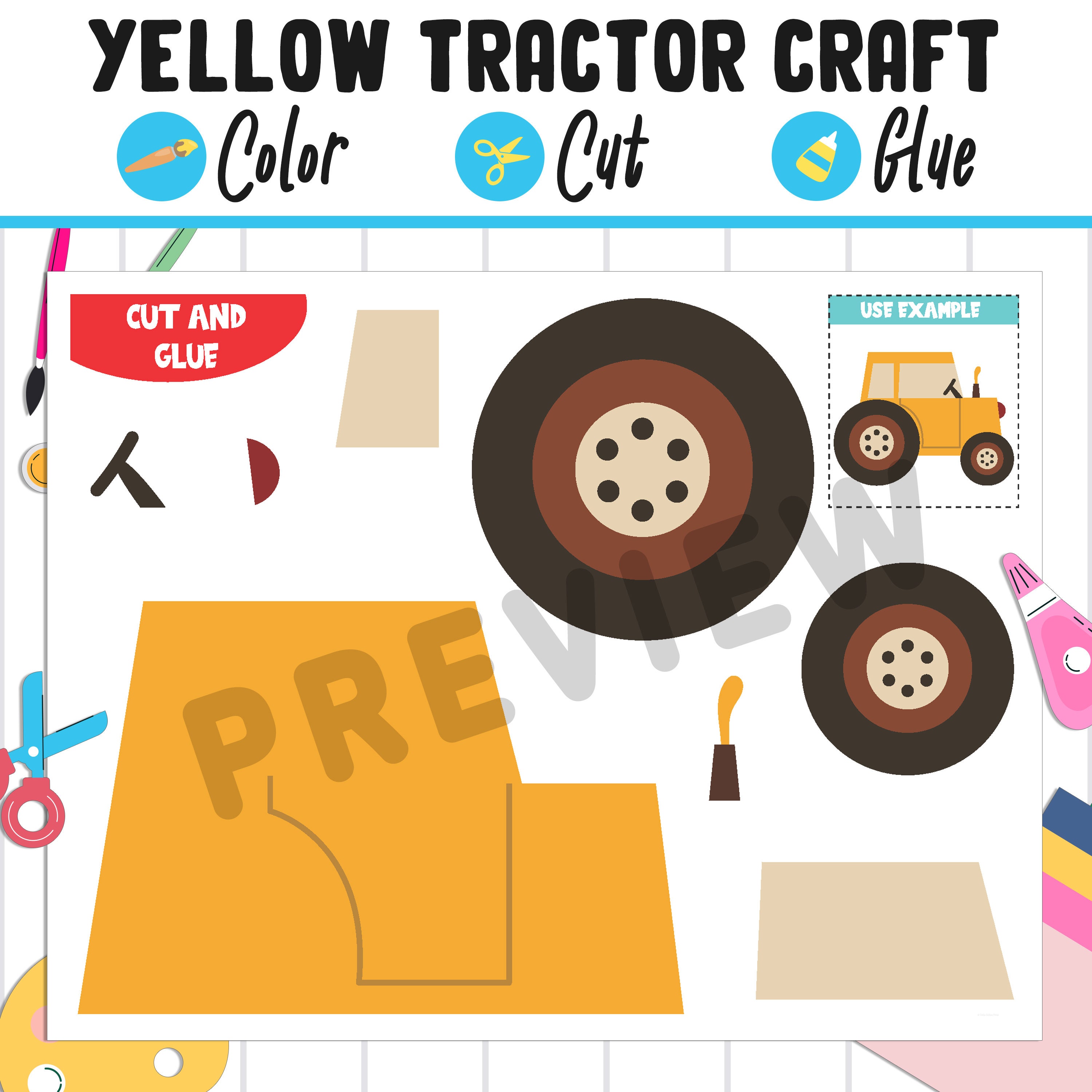 Yellow Tractor Craft Activity: Color, Cut, and Glue, Fun for Prek to ...