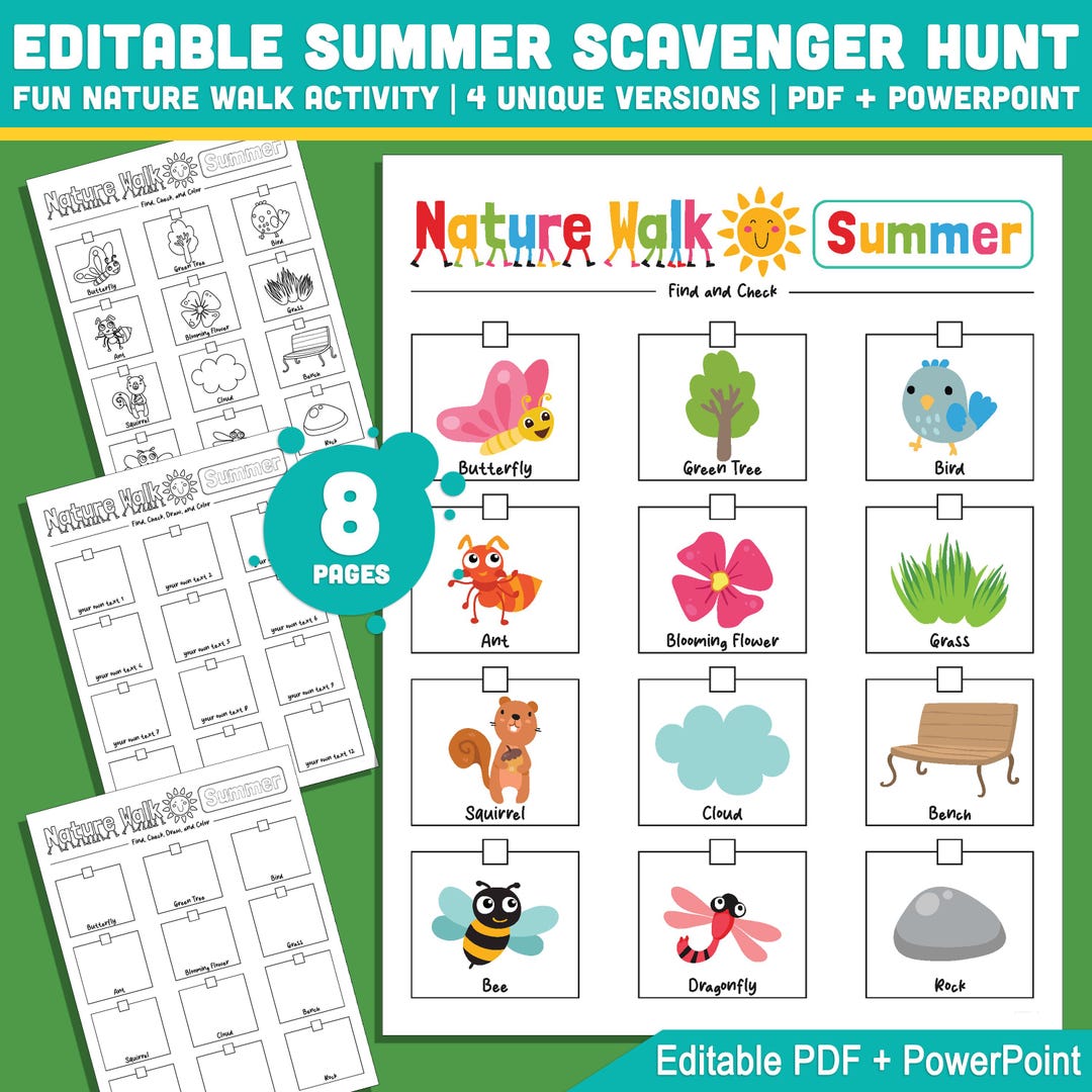 Editable Summer Scavenger Hunt: 4 Fun Versions, Nature Walk Activity ...
