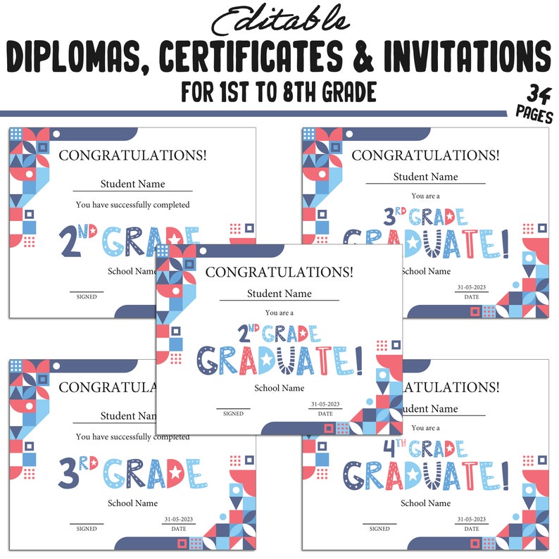 Editable Diplomas for 4th Grade, Certificates for 1st-8th Grade, and ...
