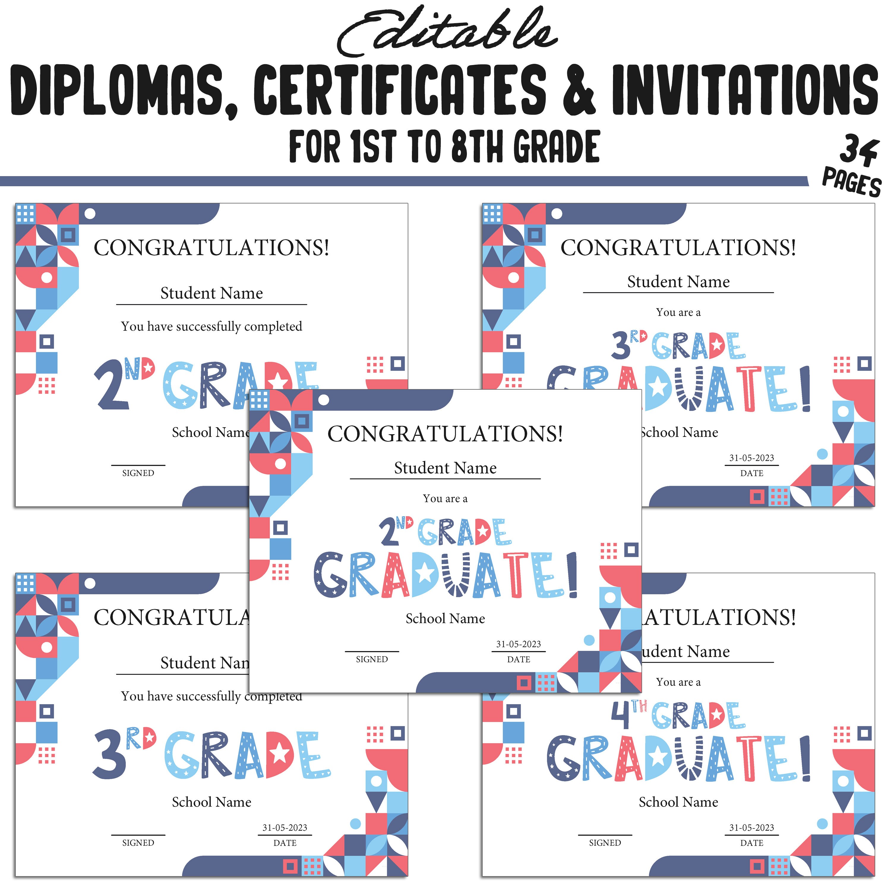 Editable Diplomas for 4th Grade, Certificates for 1st-8th Grade, and ...