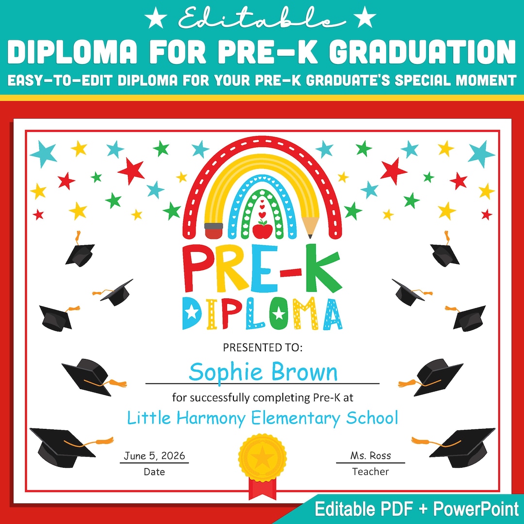 Editable Pre-k Diploma Graduation Certificate Template for Last Day of ...