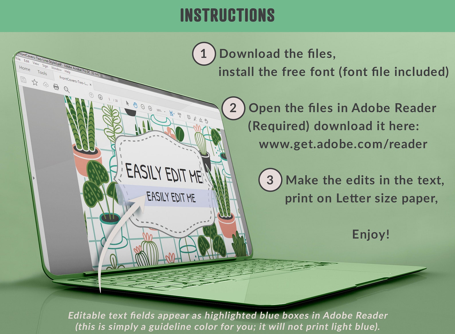 Cactus Binder Cover, 10 Printable/editable Coversspines, Binder Insert ...