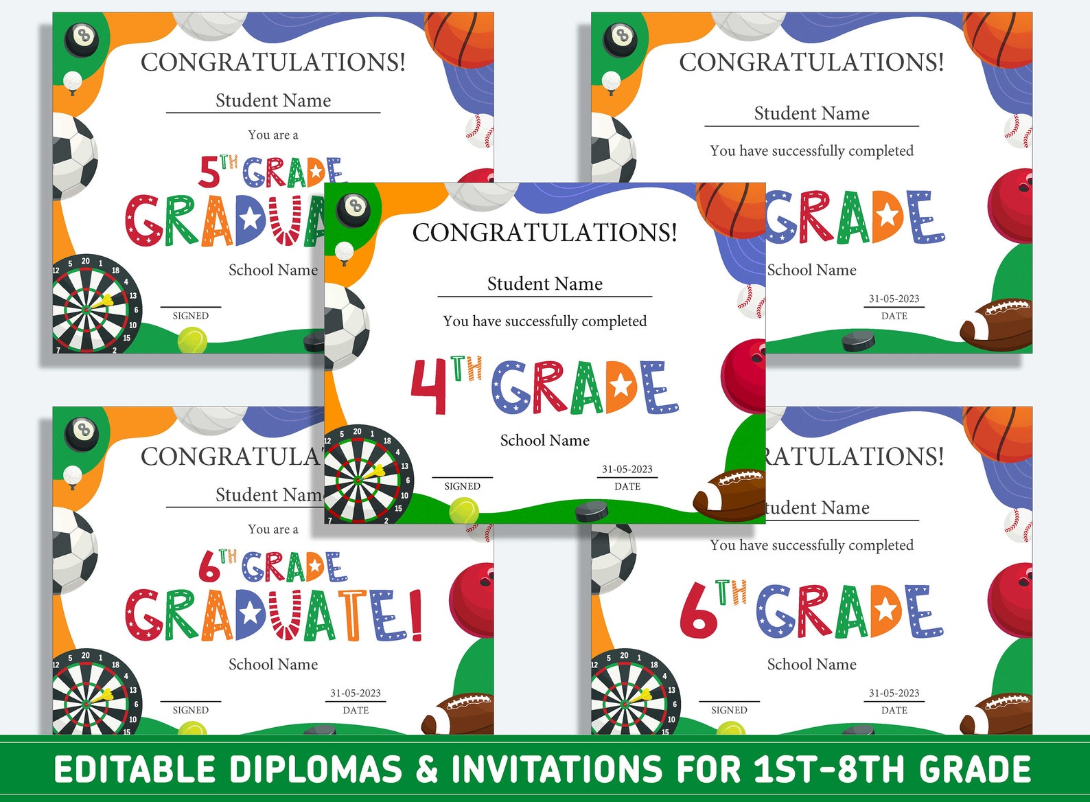 Editable 5th Grade Certificate, 1st to 8th Grade Diploma, Certificate ...