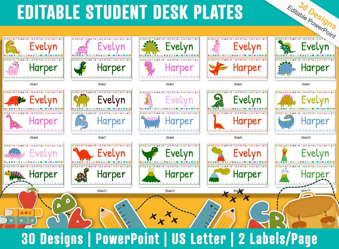 Dinosaur-themed Student Desk Plates: 30 Unique Designs - Editable With ...