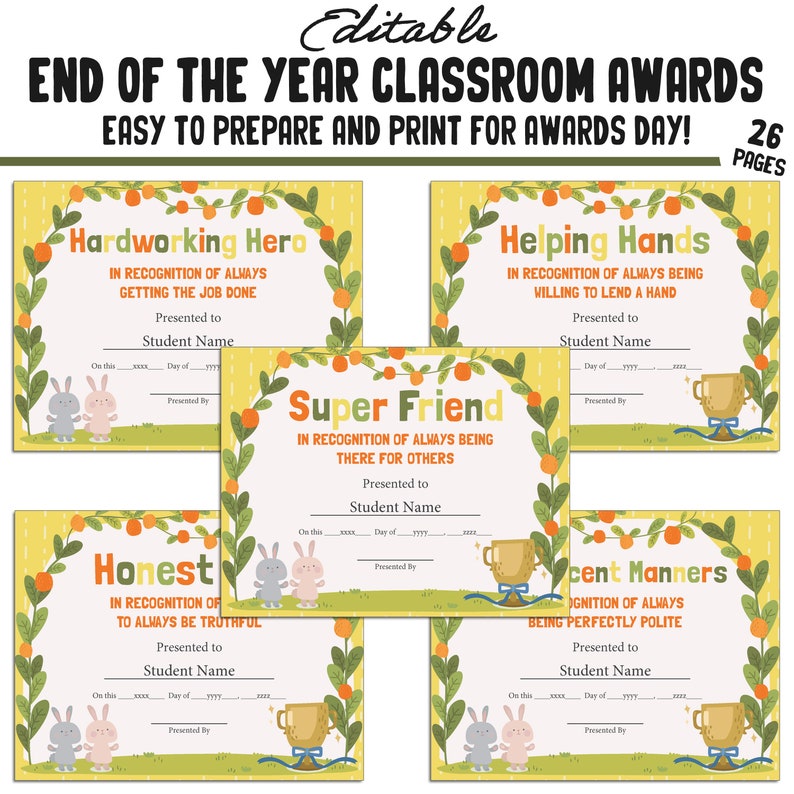 Editable End of Year Awards Certificates, 26 Pages, PDF, Instant ...