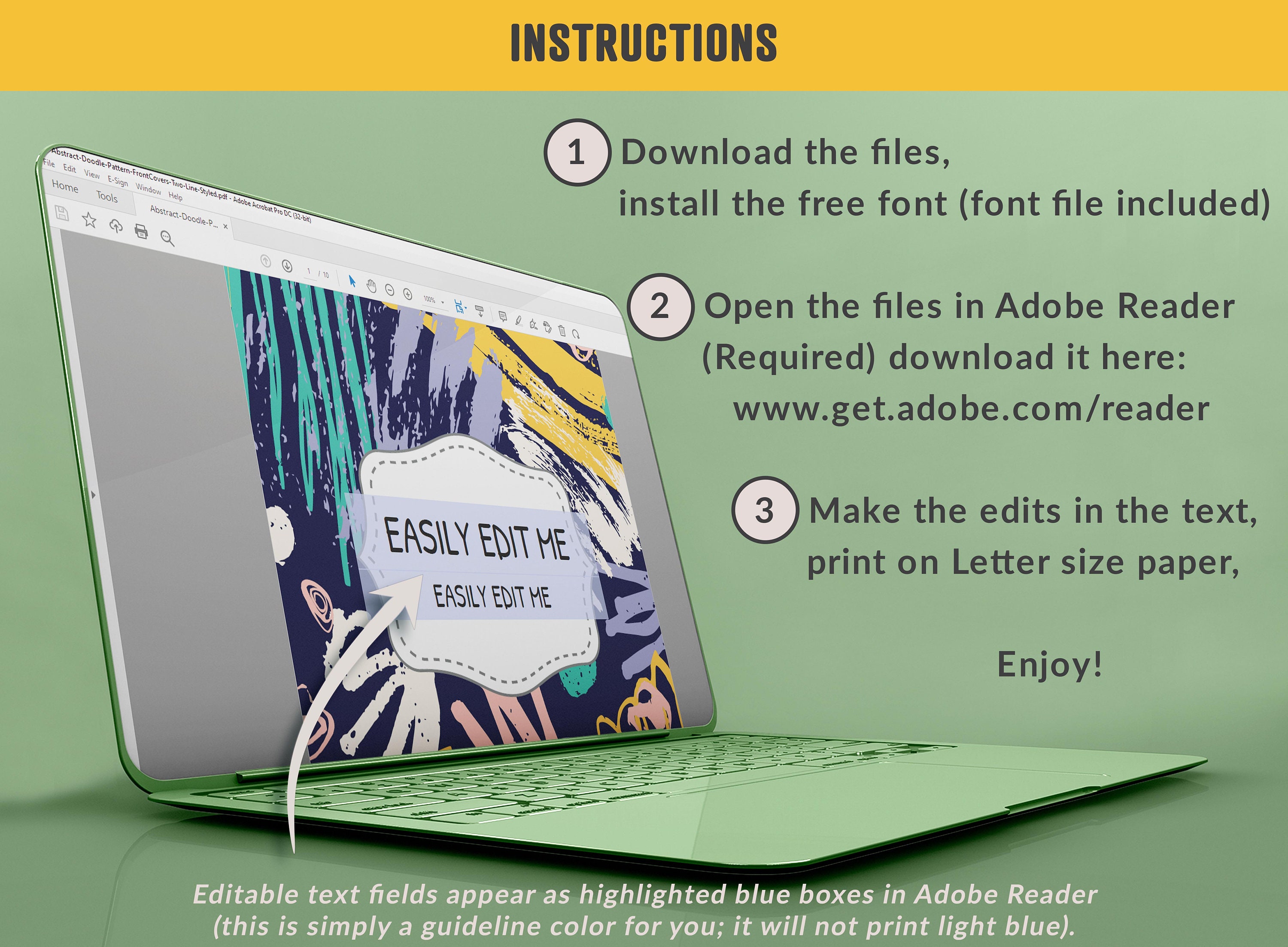 Abstract Doodle Pattern Binder Cover, 10 Printable & Editable Binder ...