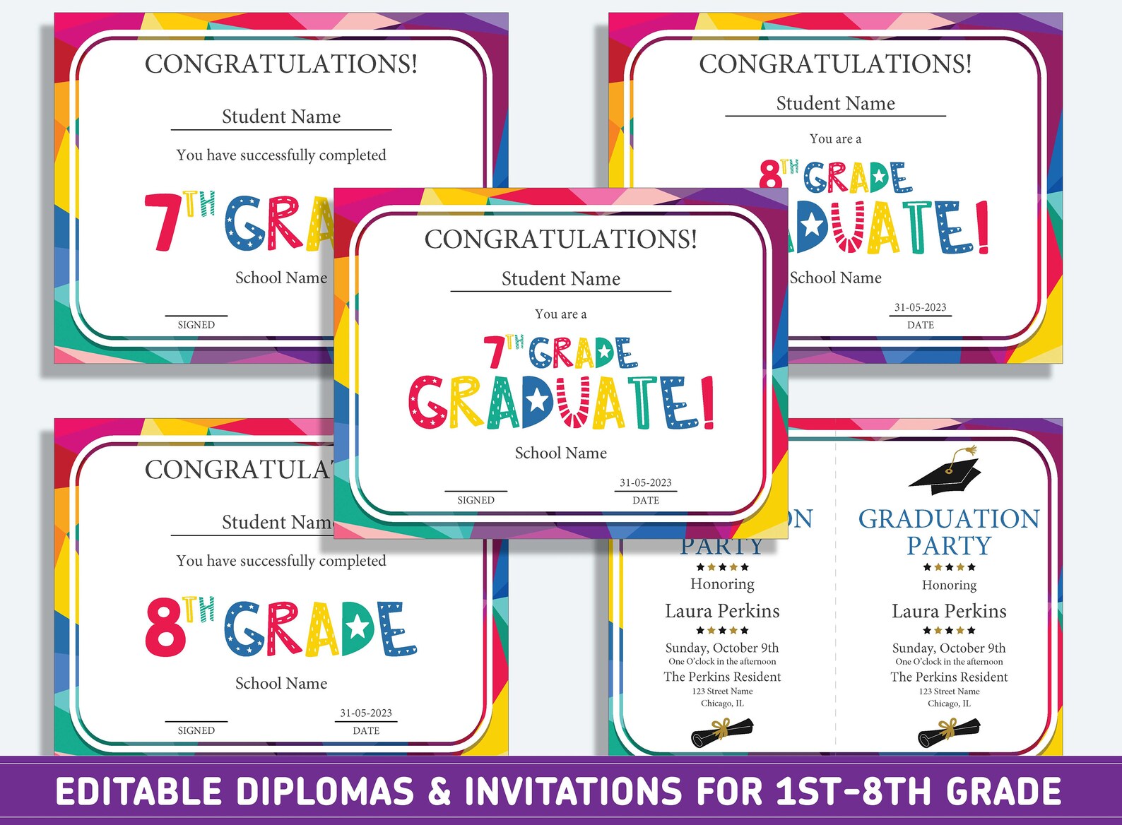 Editable 4th Grade Graduation, 1st to 8th Grade Diploma, Certificate of ...