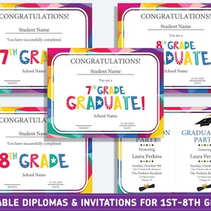 Editable 4th Grade Graduation, 1st to 8th Grade Diploma, Certificate of ...