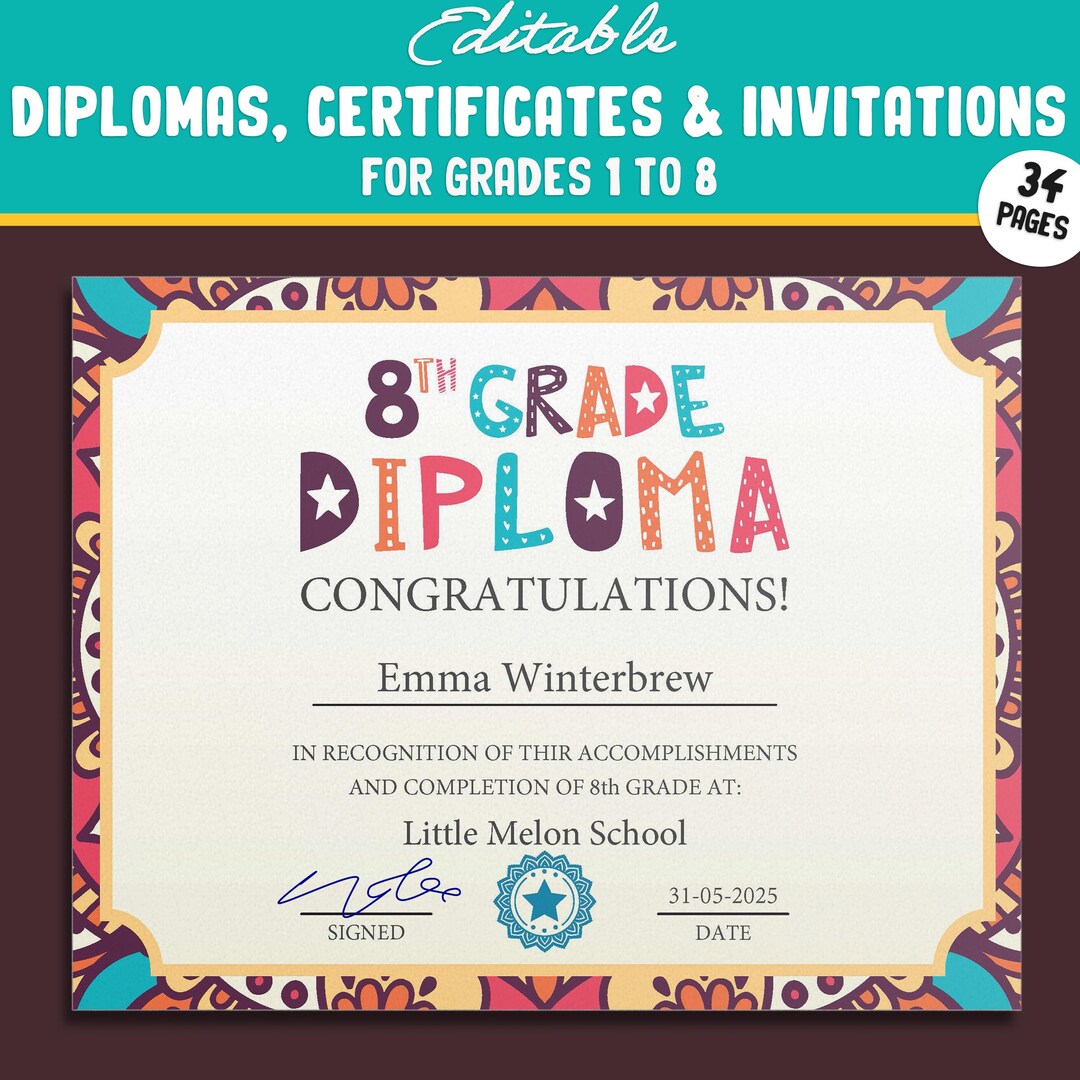 Editable 8th Grade Diplomas, 1st-8th Grade Certificates, and Invitation ...