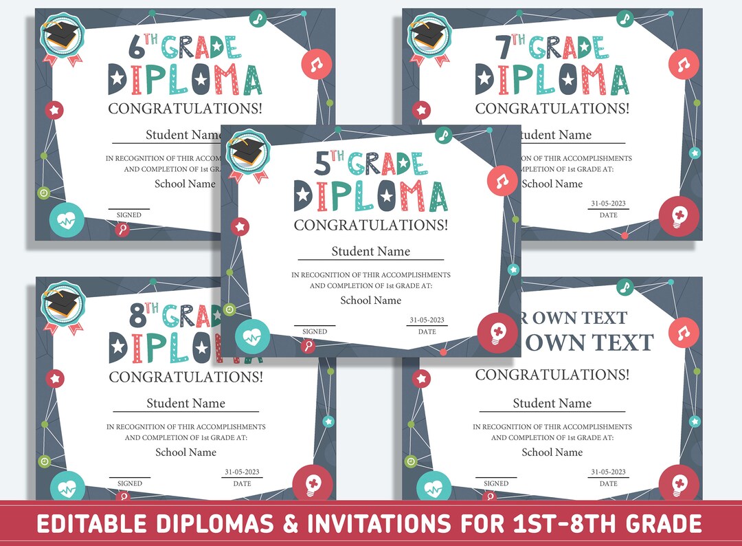 Editable 8th Grade Certificate 1st to 8th Grade Diploma - Etsy