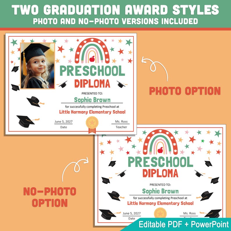 Editable Preschool Graduation Diploma & Certificate Set, Retro Rainbow ...