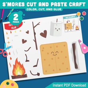 S'mores Cut and Paste Craft for Kids, 2 Pages Pre-colored and Black ...