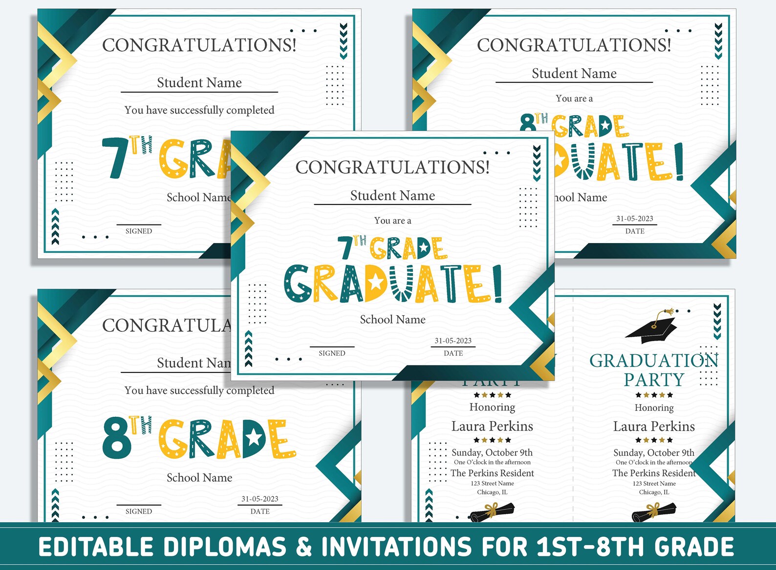 Editable 6th Grade Graduation, 1st to 8th Grade Diploma, Certificate of ...