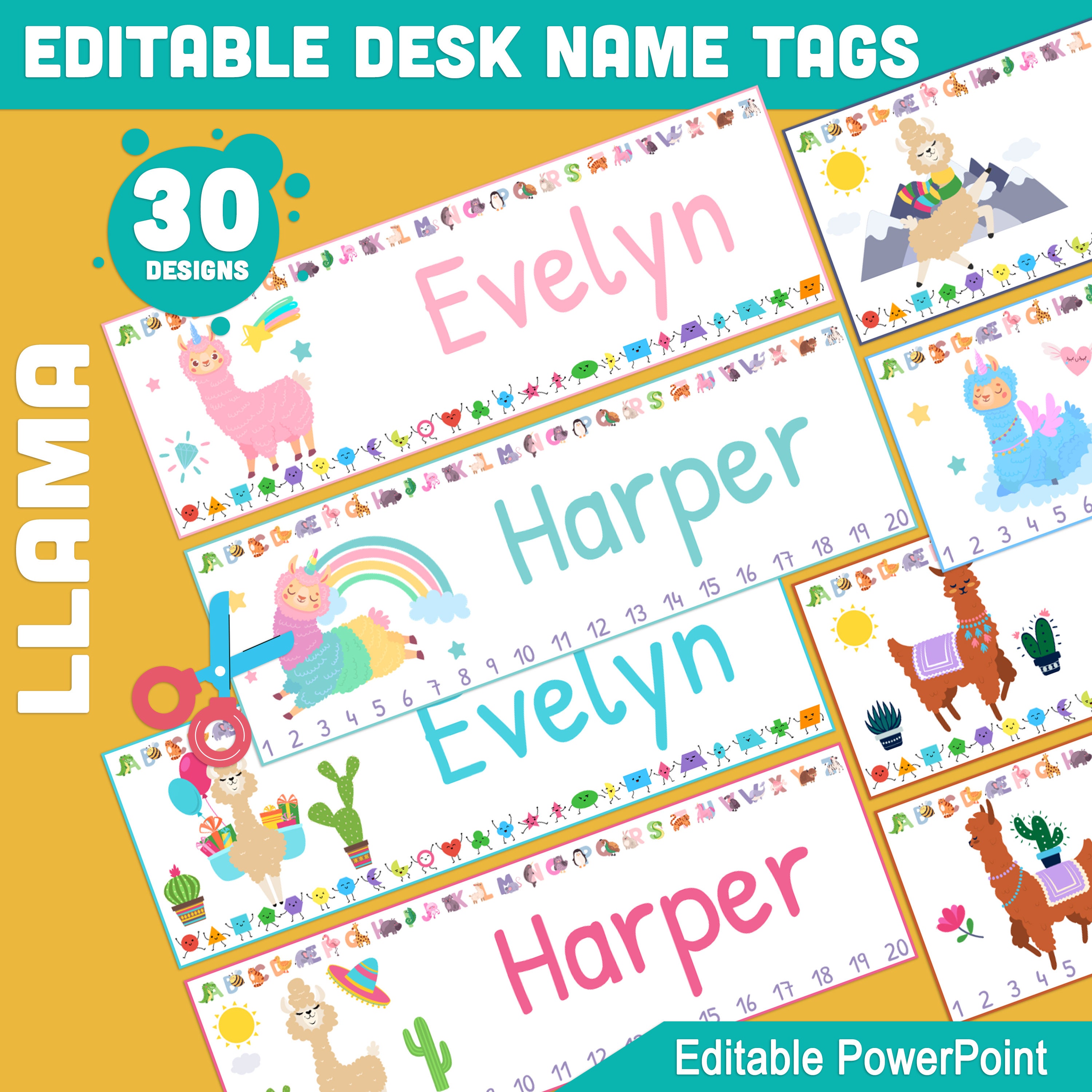 Editable Llama Desk Name Tags for Students: 30 Designs, 8.5x11, 2/page ...
