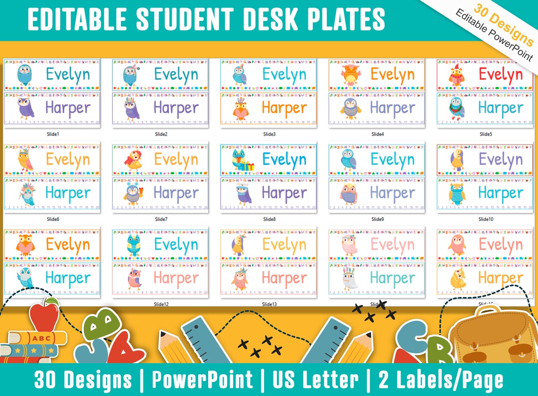 Cute Owl Student Desk Plates: 30 Editable Designs With Powerpoint, US ...