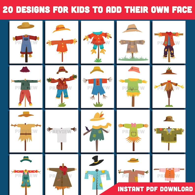 Printable Scarecrow Body Templates for Kids, 20 Halloween Designs, Fun ...