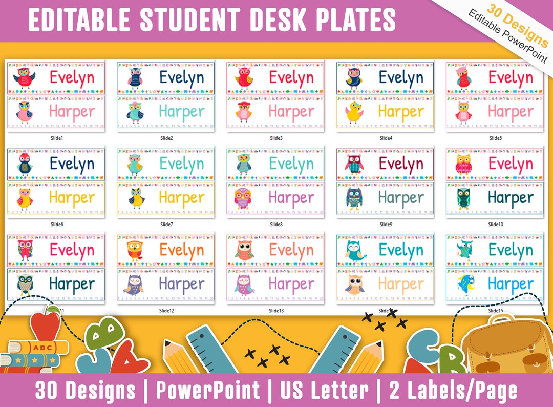 Student Desk Plates, 30 Printable/editable Cute Owls Classroom Name ...