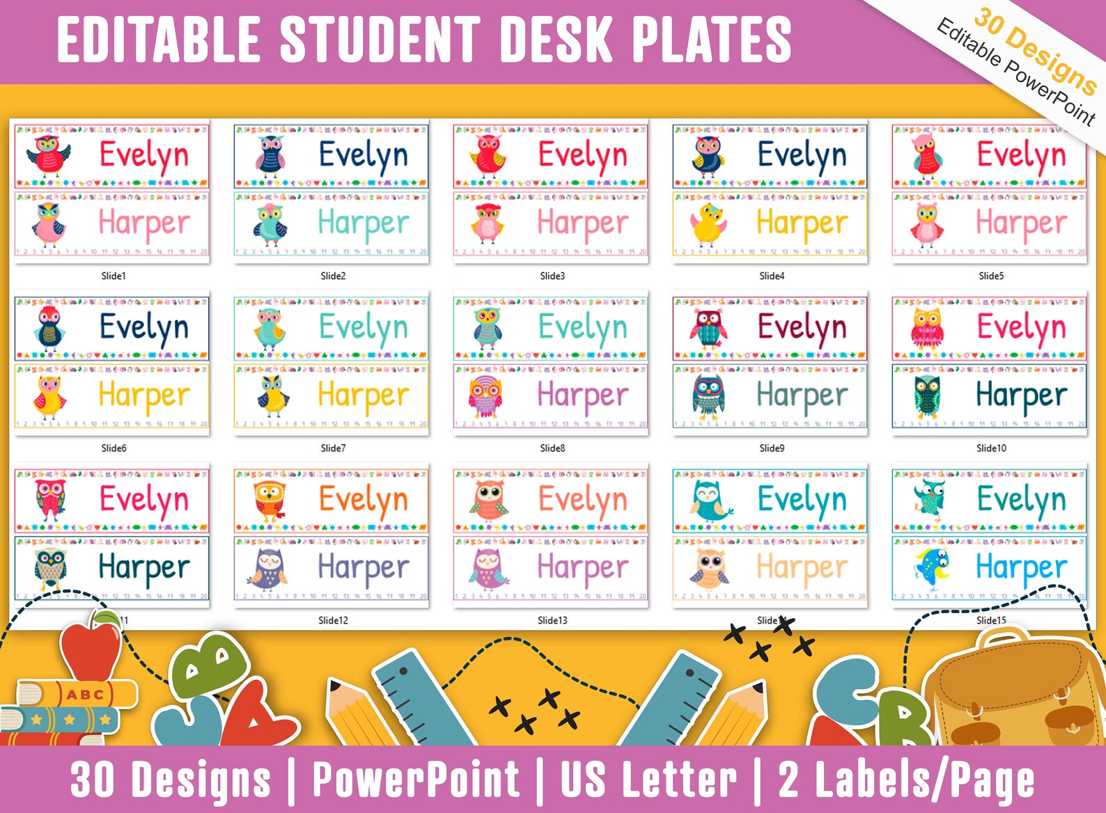 Student Desk Plates, 30 Printable/editable Cute Owls Classroom Name ...