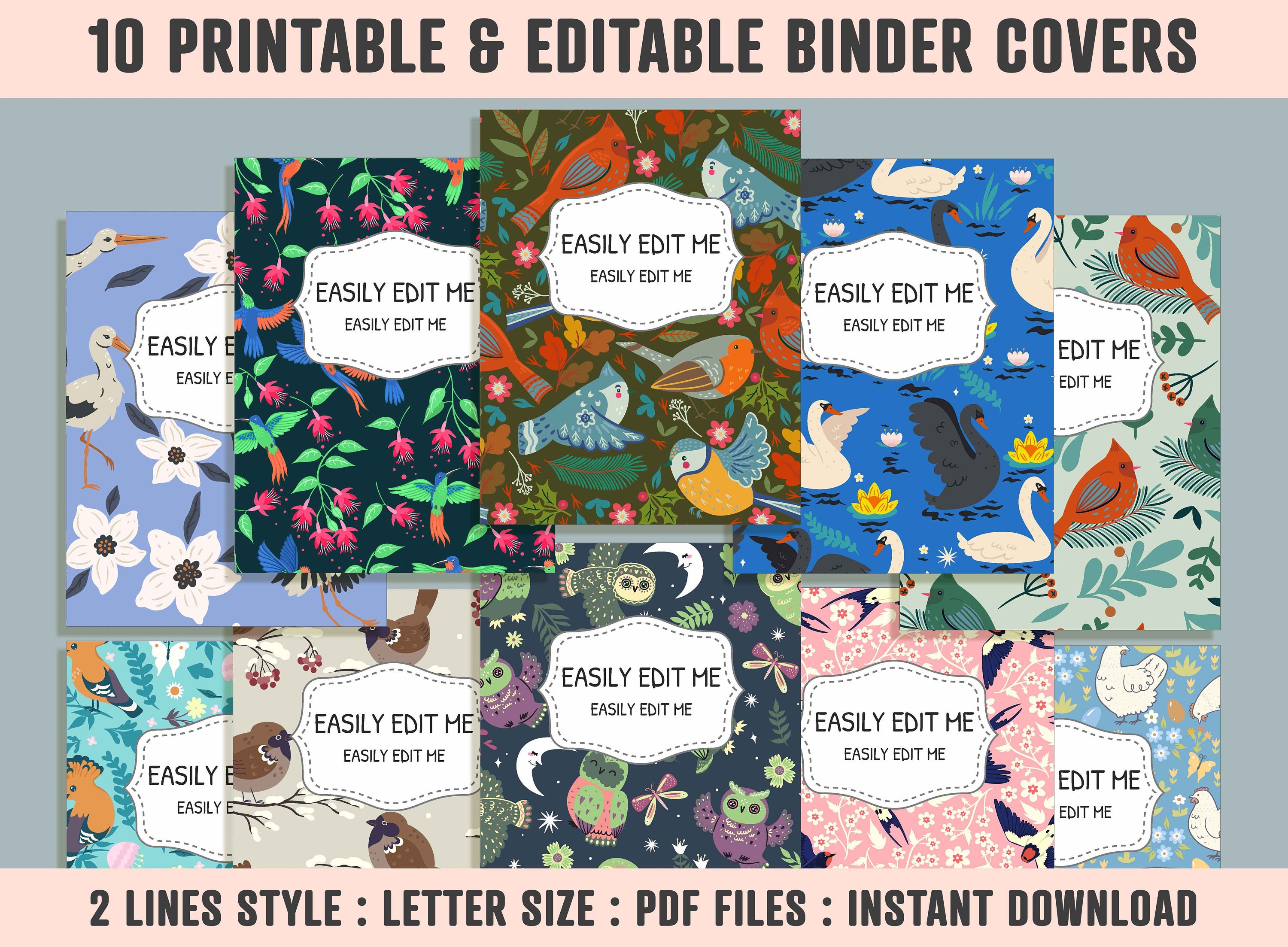 Various Birds Binder Cover 10 Printable/editable Binder - Etsy