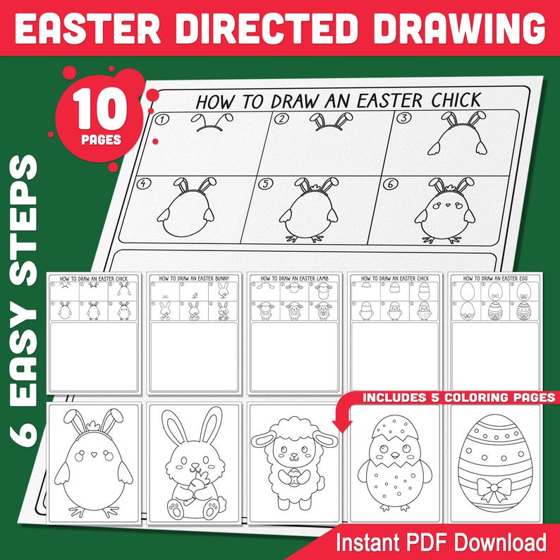 Easter Directed Drawing Worksheets, Printable Step-by-step Bunny, Chick ...