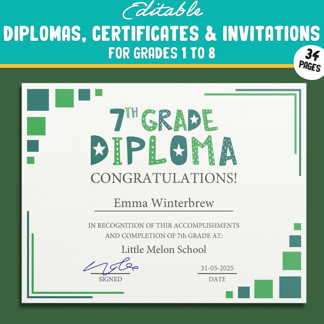 Editable 7th Grade Awards, 1st to 8th Grade Diploma, Certificate of ...